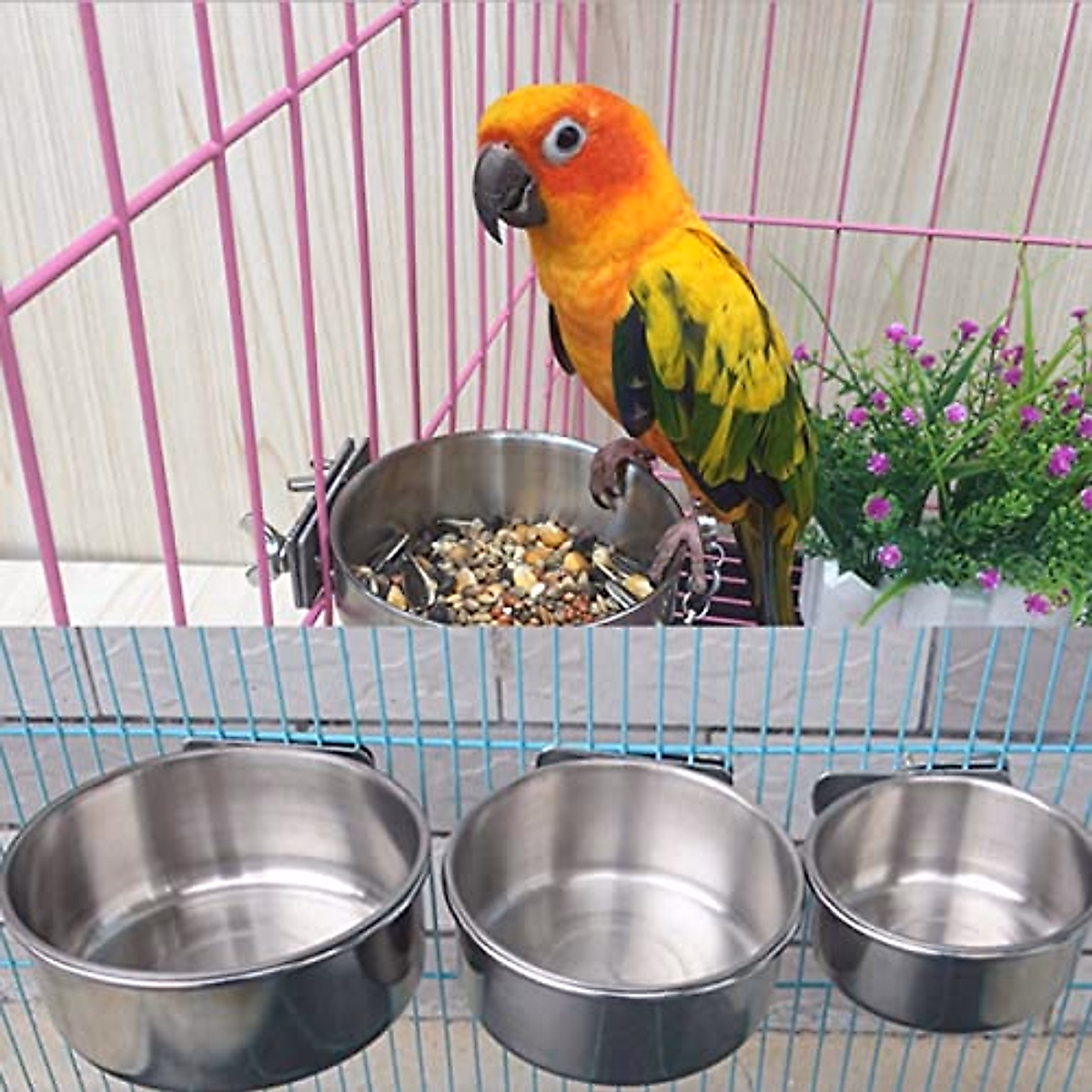 Lucky Interests 6 pcs Bird Feeding Dish Cups, Three Sizes Parrot Stainless Steel Food Bowl Bird Cage Water Feeder with Clamp Holder for Parrots Cockatiel Budgies Lovebird Parakeet with 6 Bird Spoon