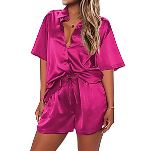 Ekouaer Pajamas for Women Silk Soft Sleepwear Short Sleeve Button Down Pjs Satin Top and Shorts 2 Piece Lounge Set,Rose,XXL