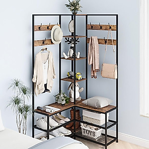 GiftGo Corner Hall Tree with Shoe Rack Storage Bench Display Open Shelves Modern Industrial Entryway Coat Rack Stand for Home Living Room Mudroom Bedroom Multifunctional 5 in 1 (Rustic Brown)