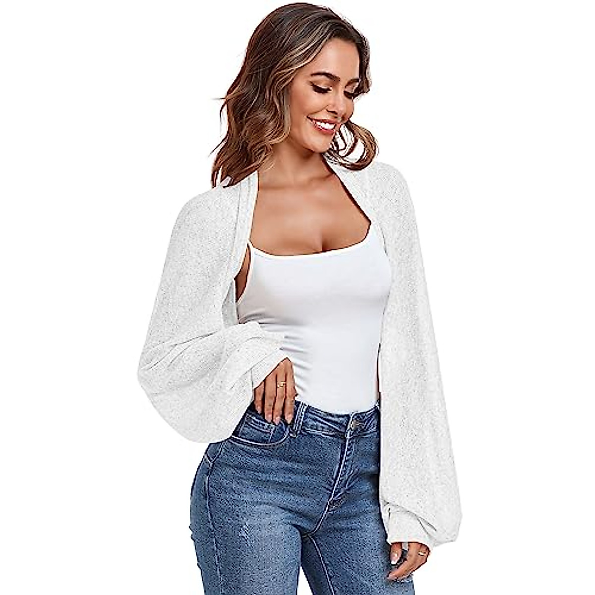 ZAFUL Women's Long Sleeve Open Front Bolero Shrug Crop Top Cardigan Elegant White L