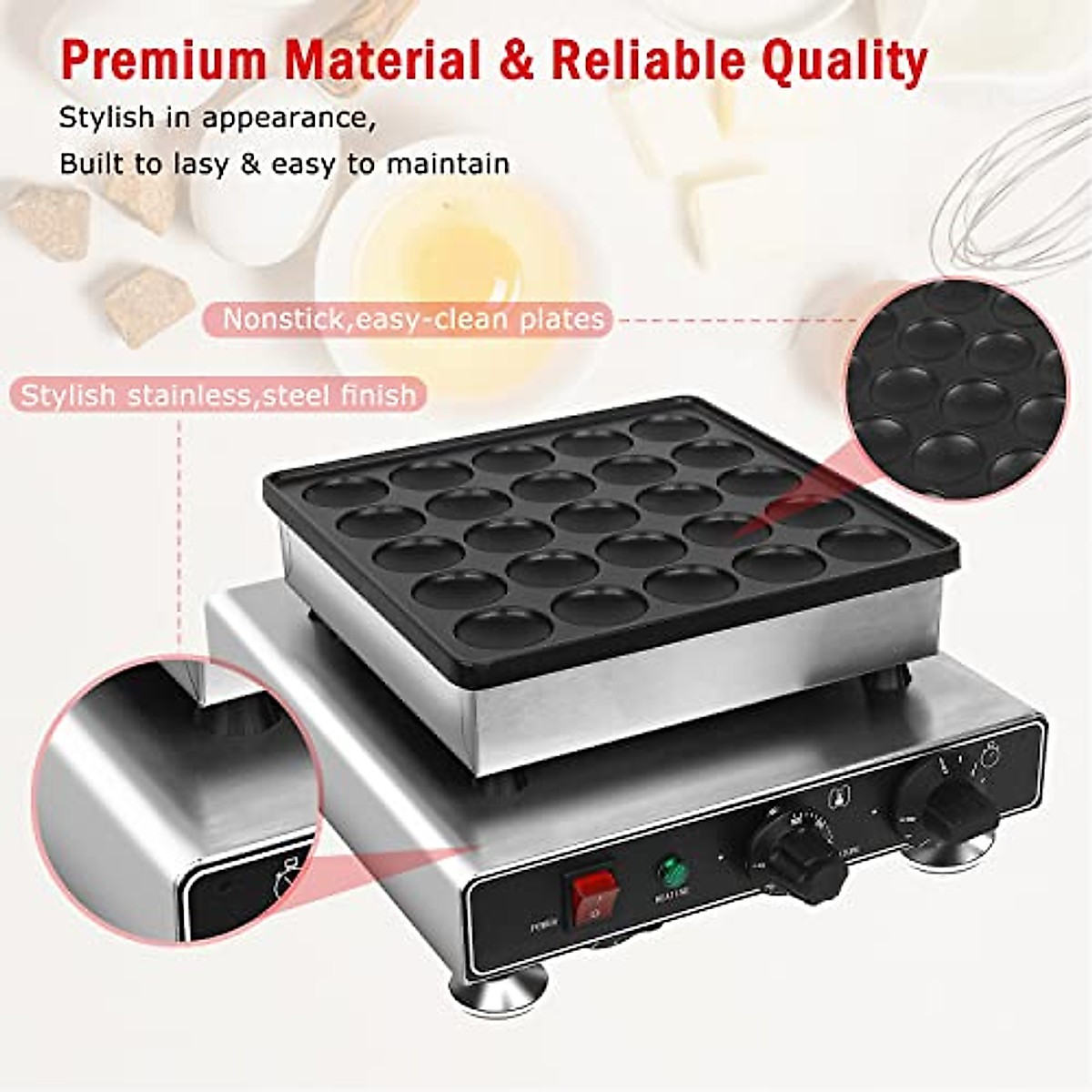 Mini Dutch Pancakes Maker Machine - Commercial Mini Poffertjes Machine Dorayaki, Electric 25PCS Muffin Iron with Non-Stick Plates for Bakery Home and Kitchen Restaurant Snack Bar | 110V