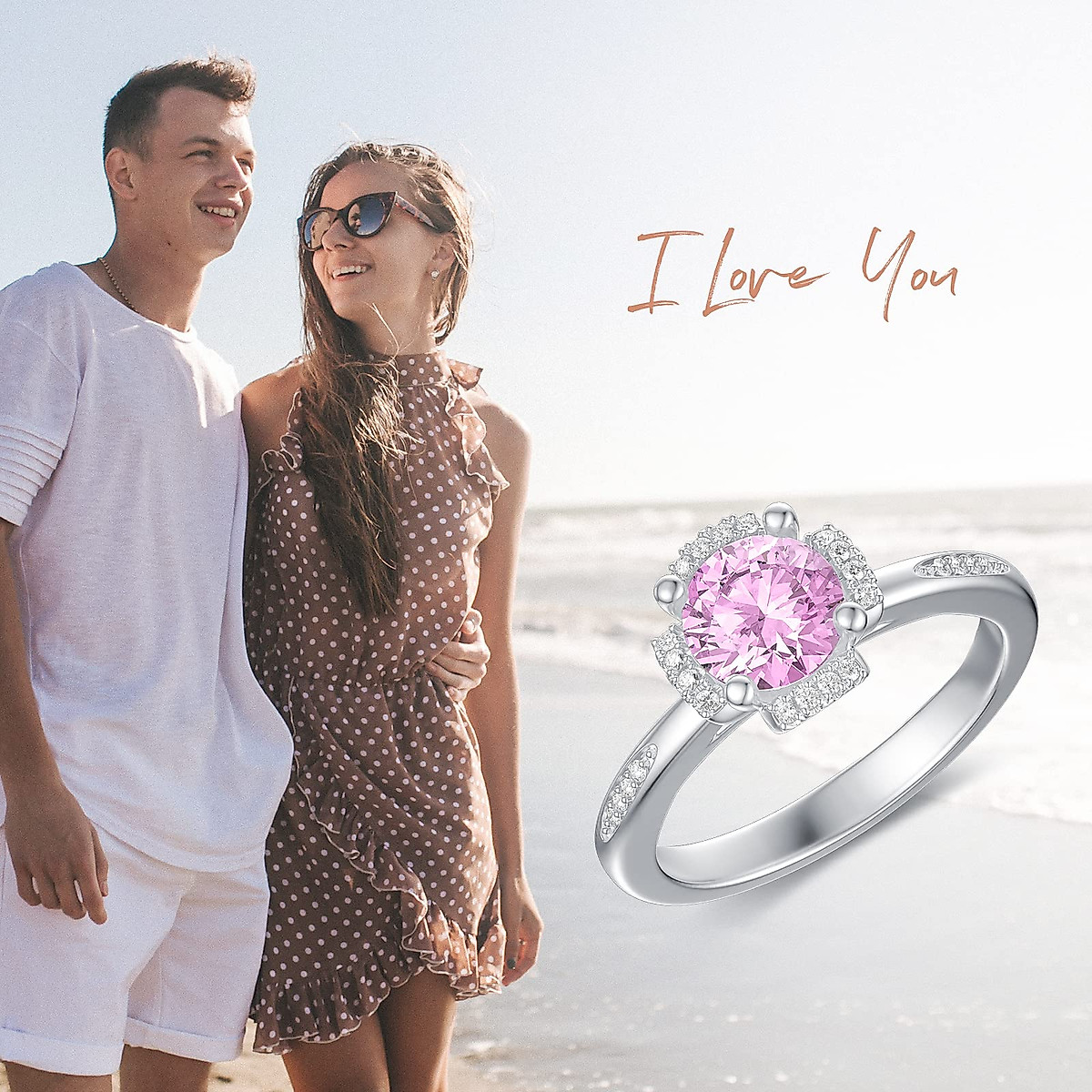 Plesitep Pink Ring for Women Sterling Silver Halo Cubic Zirconia Engagement Rings Wedding Party Statement Classic Fashion (7)