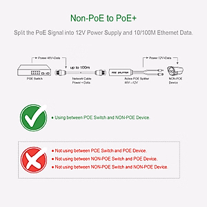 POE Splitter Adapter 12V, Active Power Over ethernet Splitter 48V to 12V, IEEE 802.3af/at Compliant 10/100Mbps up to 100 Meters for Surveillance Camera CCTV and Wireless AP, 2-Pack
