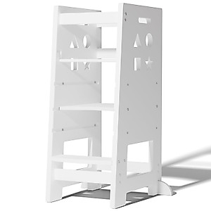 Toddler Kitchen Stool Helper, Kitchen Step Stool for Kids with Safe Rail, Baby Adjustable Learning Standing Tower for Kitchen Counter & Bathroom Sink(White)