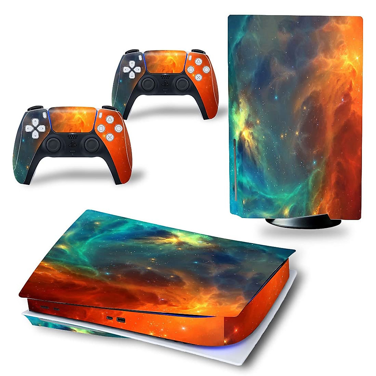 PS5 Skin Stickers Full Body Vinyl Skins Wrap Decals Cover for PS5 Disc Edition Console & Controllers (Orange Interstellar)