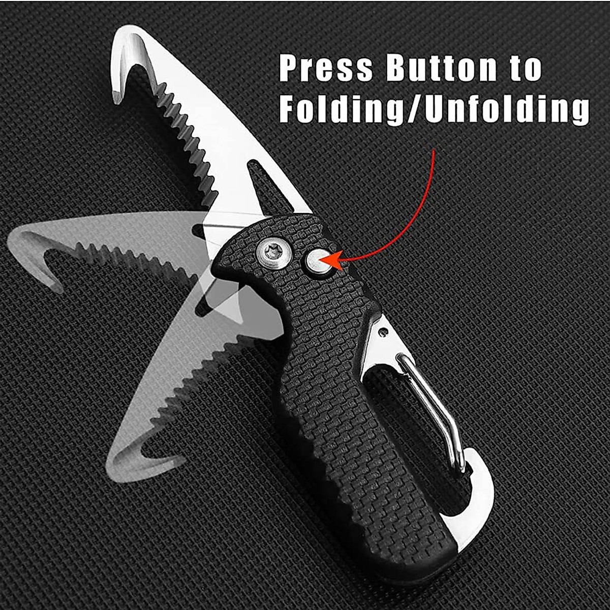 ARFUKA Hook Knife 2-in-1 Hook Blade Utility Knife Folding Camping Knife Parcel Knife Pocket Carton Cutter Box Opener Outdoor Multitool with Carabiner Black