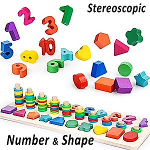 CozyBomb Wooden Number Puzzle Sorting Montessori Toys for 1 Year Old Toddlers - Shape Sorter Counting Game for age 3 4 5 year olds - Preschool Education Math Stacking Block Learning Wood Chunky Jigsaw