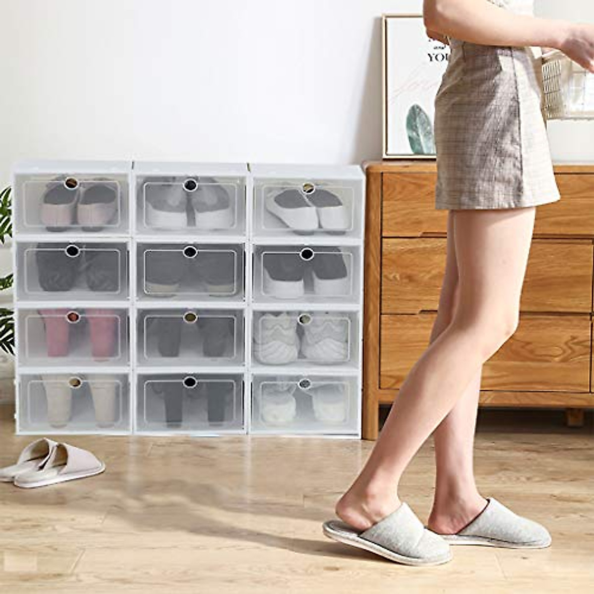 Micozy 12Pcs Foldable Shoe Box Storage Plastic Transparent Case Stackable Organizer 12.99x9.45x5.12 inch