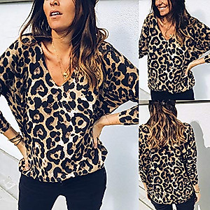 T-shirt for Women THENLIAN Women Plunge V Neck Leopard Print T-shirt Top Long Sleeve Autumn Blouse (Multicolor, L)