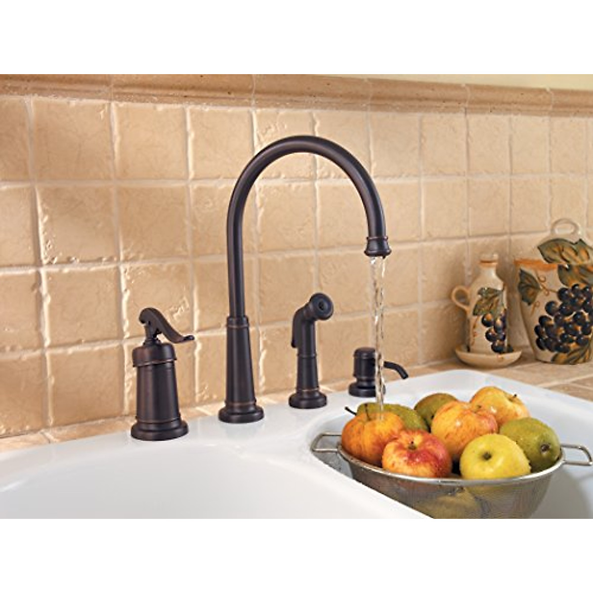 Pfister Ashfield Kitchen Faucet with Side Sprayer and Soap Dispenser, Single Handle, High Arc, Tuscan Bronze Finish, LG264YPY