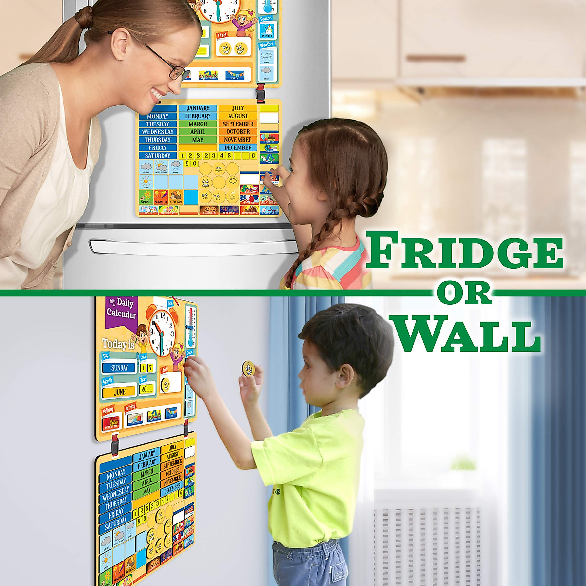 Kids Daily Calendar magnetic,Hang on Wall or Fridge for Home or School.