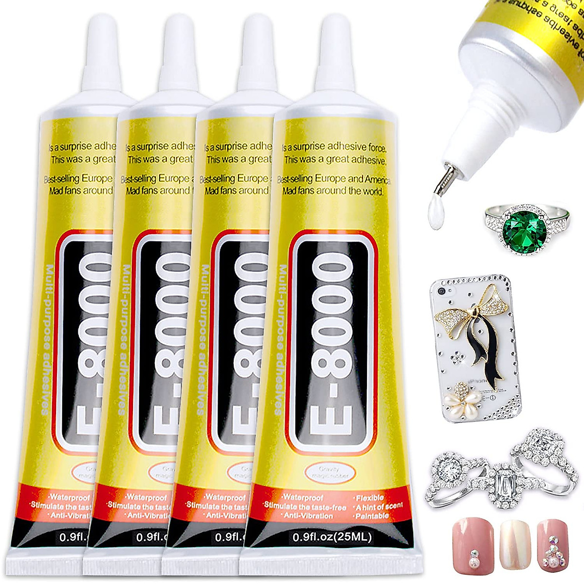 4pcs X 25ML E8000 Glue Clear Jewelry Metal Glue, Upgrade Clear E-8000 Glues Paste Transparent Liquid Fusion Fabric Glue for Phone Repair, Glass, Wooden, Rhinestone Jewelry Crafts, DIY Tumblers