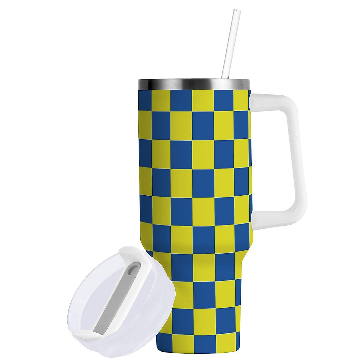 Yellow Blue Checkered 40 oz Tumbler with Handle and Straw Lid, Insulated Coffee Cup Reusable Stainless Steel Water Bottle Travel Mug Cupholder Friendly,Gifts for Women Men