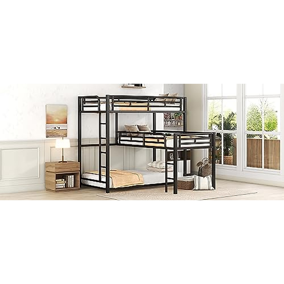 Twin Bunk Bed, Black Twin Bed L-Shaped Metal Triple Bed Frame for Kids and Toddlers, Non-Slip and Noise-Free