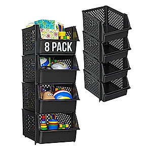 Skywin Plastic Stackable Storage Bins for Pantry - Stackable Bins For Organizing Food, Kitchen, and Bathroom Essentials (Black - 8 Pack)