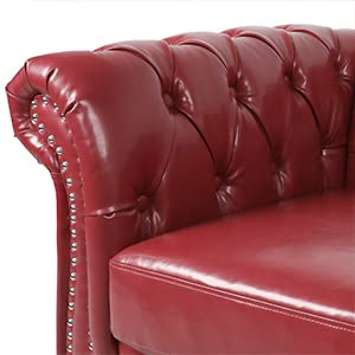 wirrytor Chesterfield Classic Sofa, Modern Leather 3 Seater Sofa, Upholstered Tufted Back Settee Couch with Rolled Arms Nailhead Trim for Living Room Bedroom(Burgundy)