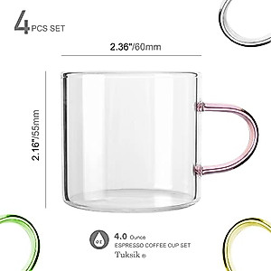 Tuksik Espresso Cups,4oz Glass Espresso coffee Cups Set of 4, Small Cappuccino Mugs, Clear Shot Glasses Microwave Dishwasher Safe, Universal for Home Party or Office, Gift for Espresso Lovers…