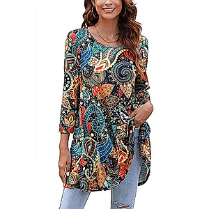 ENMAIN Womens Tunic Tops 3/4 Sleeve Dressy Casual Plus Size Tunic Tops to Wear with Leggings Loose Fit Swing Fall Orange T-Shirt Ladies Blouses