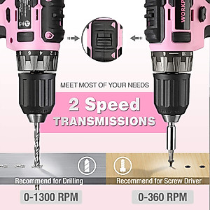 WORKPRO 20V Pink Cordless Drill Driver Set, 3/8” Keyless Chuck, 2.0 Ah Li-ion Battery, 1 Hour Fast Charger and 11-inch Storage Bag Included