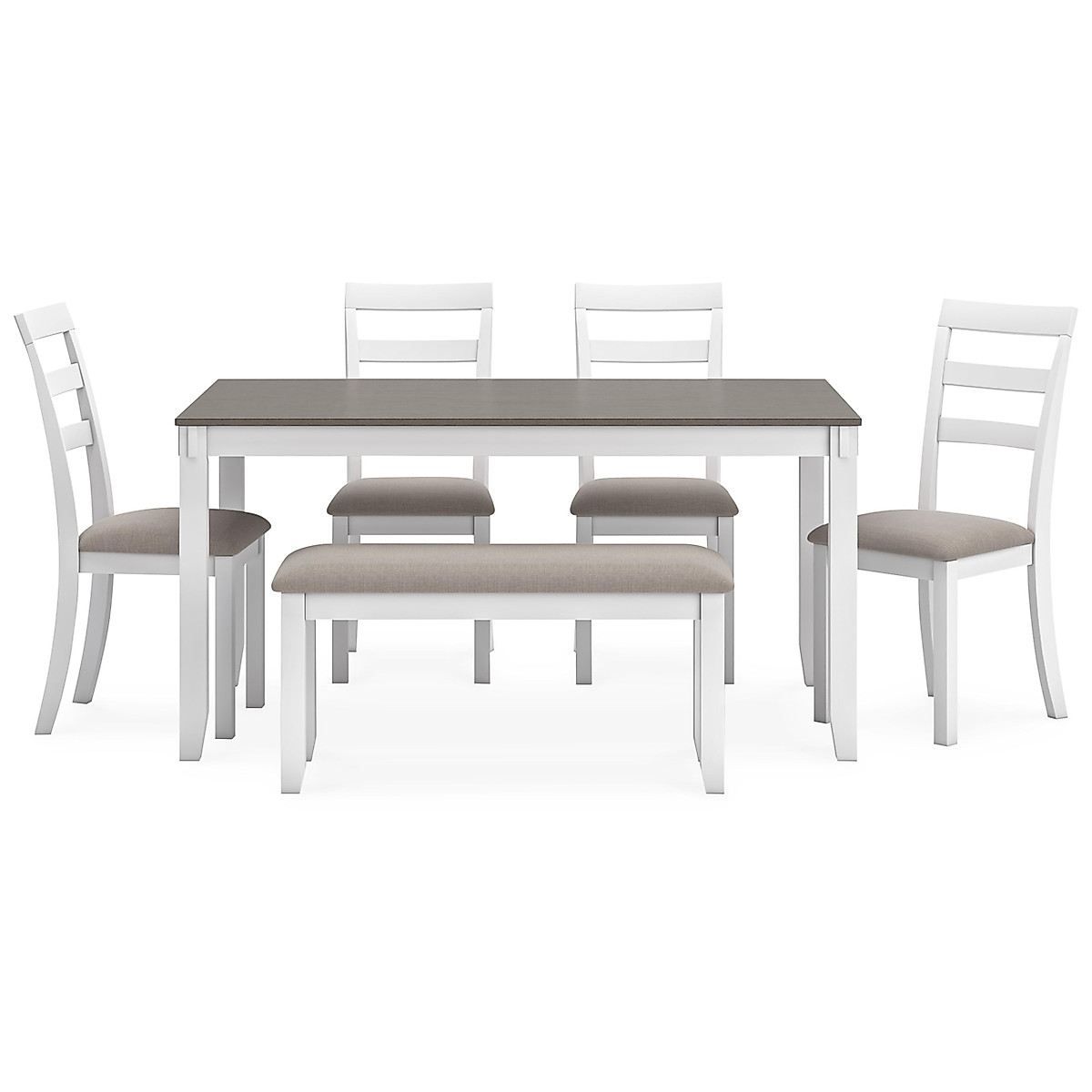 Signature Design by Ashley Stonehollow Modern Farmhouse Dining Table with Upholstered Chairs and Bench, Set of 6, White & Gray