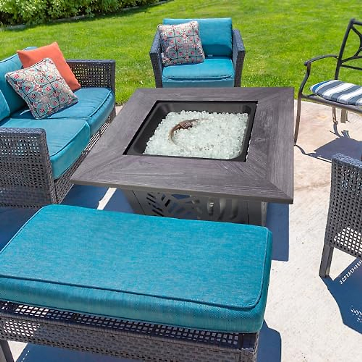 Endless Summer Lindsey 30 Inch Square Outdoor UV Printed 50,000 BTU LP Gas Fire Pit​ Patio Table with Faux Wood Mantel and Stamped Steel Base