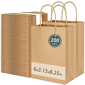 GITMIWS 200 Pack Small Brown Gift Bags, 6''x3.15''x8.25'' Small Kraft Paper Bags with Handles, Grocery Retail Craft Paper Bags for Small Business, Birthday Party Favors, Merchandise
