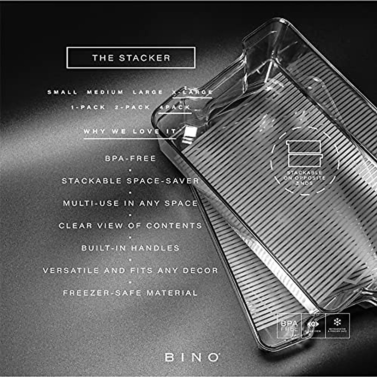 BINO | Stackable Storage Bins, X-Large - 4 Pack | The Stacker Collection | Clear Plastic Storage Bins | Organization and Storage Containers for Pantry & Fridge | Multi-Use Organizer Bins | BPA-Free