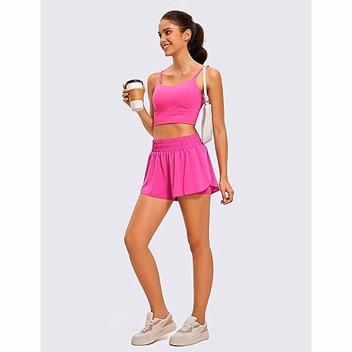 CRZ YOGA 2 in 1 Flowy Running Shorts for Women High Waisted Quick Dry Athletic Gym Lounge Workout Shorts Cute Tennis Skirts Hibiscus Purple Large