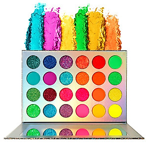 BEUSELF Neon Eyeshadow Palette, 24 Colors Highly Pigmented Fluorescent Makeup Pallet Glow in the Dark, UV Glow Blacklight Matte Glitter Rainbow Eye Shadows for Luminous Carnival Party Halloween Makeup