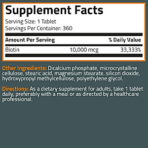 Bronson Biotin 10,000 MCG Supports Healthy Hair, Skin & Nails & Energy Production - High Potency Beauty Support - Non-GMO, 360 Vegetarian Tablets