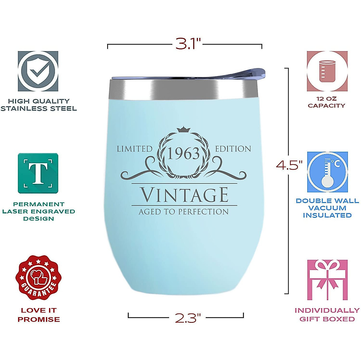 60th Birthday Gifts for Women - 1963, 12 oz Seaside Stemless Wine Tumbler - 60th Birthday Decorations for Women - Birthday Gifts for 60 Year Old Women Mom - Funny 60th Birthday Idea Presents for Women