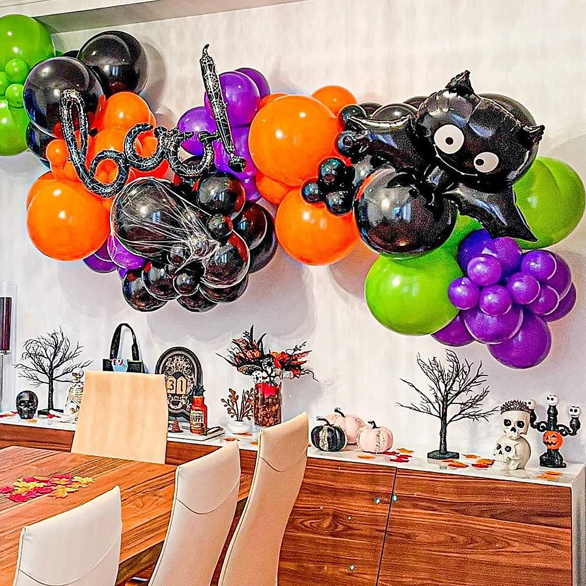 151PCS Halloween Balloon Arch Garland Kit, Black Orange Green Purple Balloons with Mylar Pumpkin Bat Ghost BOO Foil Balloon for Kids Home Halloween Background Birthday Party Decorations Supplies