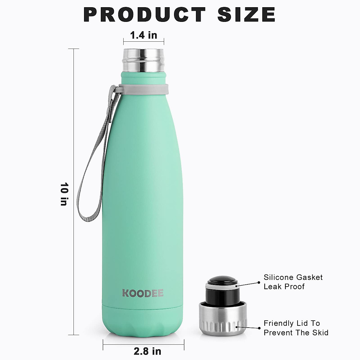 koodee Water Bottle 17 oz Stainless Steel Double Wall Vacuum Insulated Sports Water Bottle Leak-Proof Cola Shape Travel Water Flask (Aquamarine Blue)