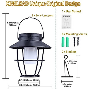 Solar Lantern Outdoor Vintage Metal, KINGLEAD Hanging Solar Lights Flickering Flame Lantern for Halloween Decorative Garden Patio Yard Porch Outdoor Waterproof Wall lights with Wall Mount Kit (2 Pack)