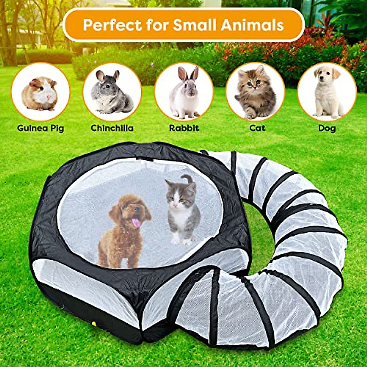 Small Animal Playpen Guinea Pig Cage Rabbit Pet with Tunnel Breathable&Transparent Pop Open Indoor Outdoor Exercise Portable Yard Fence with Top Cover for Cats,Bunny,Hamster,Hedgehog Pet,Chinchillas