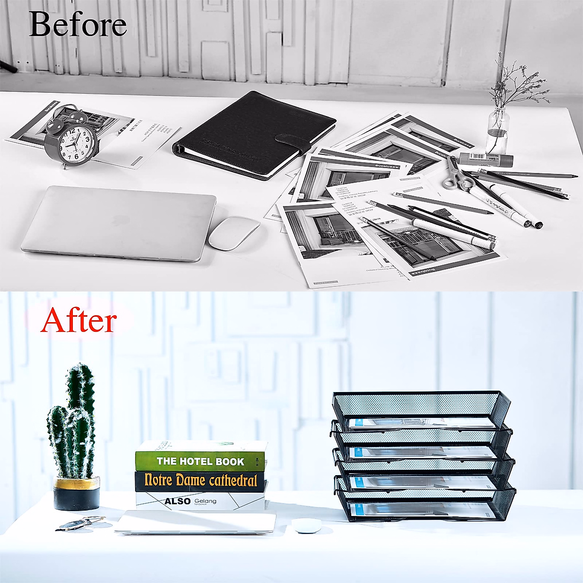 SETTFRFE 4 Tier Metal Mesh Desk Organizer-Stackable Letter Trays for Office Supplies,Black File Storage System with Reinforced Edges