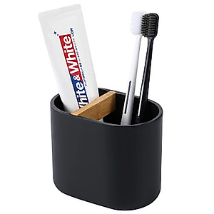 rejomiik Thick Resin Toothbrush Holders Bamboo Tooth Brushing Holder for Bathroom Countertop, Tooth Brush Storage Organizer Stand for Holds Toiletries and Beauty Accessories, Toothpaste, Razor, Black