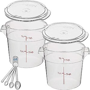 Lumintrail Cambro 1 Quart Round Food Storage Container, 2 Pack Clear, with 2 Clear Lids, Bundle with a Measuring Spoon Set