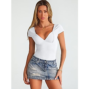 Trendy Queen Womens Deep V-Neck Backless Tops Short Sleeve Slim Fit T-Shirts Basic Y2K Tops Bustier Corset Cami 2024 White S