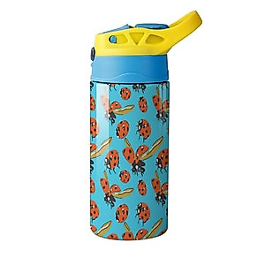 Kids Water Bottle with Straw Lid Hand-drawn Cartoon Ladybugs Print 12 Oz/350 Ml Stainless Steel Reusable Thermos Bottles