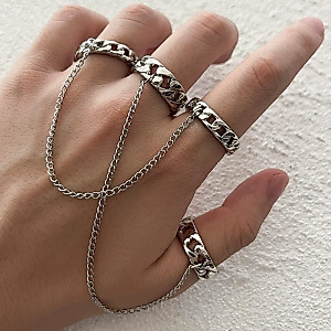 CJIAYUJEW 16PCS Chain Rings Gothic Punk Chain Finger Ring Set for Women Men,Vintage Silver Emo Rings Cross Butterfly Knuckle Ring