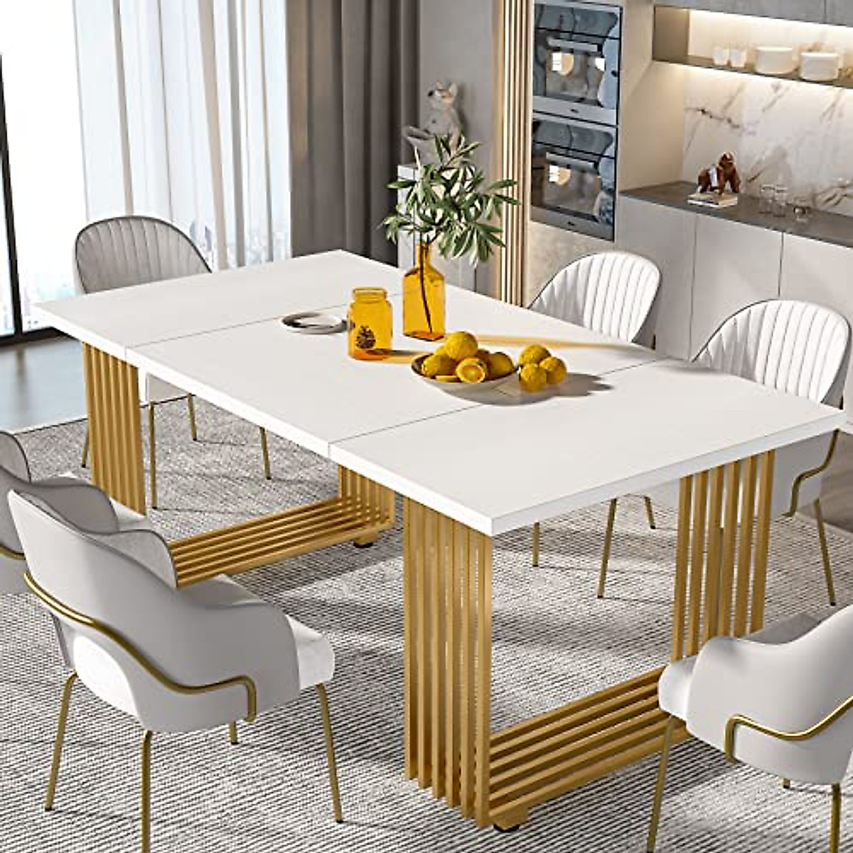 Tribesigns Modern Dining Table for 6-8 People, 70.8 Inches Long White Dining Room Table for Kitchen, Wood Kitchen Table with Gold Metal Legs, Rectangular Dinner Table for Dining Room, Family Gathering
