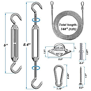 HDYAR 84 Pcs Sun Shade Sail Hardware Kit with Cable Wire Rope for Rectangle Square Triangle Shade Sail Installation, 6 inch 304 Grade Stainless for Garden,Outdoors,DIY Crafts,Railing
