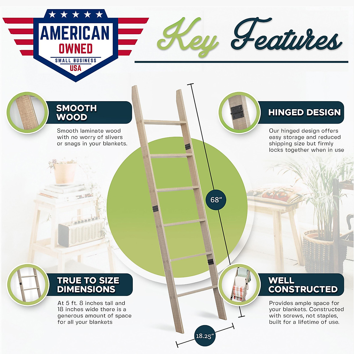 Blanket Ladder for Living Room and Bedroom, 6-Tier Wall Leaning Laminate Snag Free Construction (Smokey Oak) Rustic Decorative Farmhouse Blanket Storage, Quilt Rack, Ladder Shelf, Easy Assembly