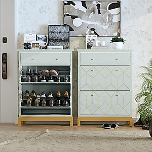 HLR Space Saving Hidden Shoe Cabinet with 2 Flip Doors 1 Drawer, Entryway Shoe Storage Cabinet, Narrow Shoe Rack Cabinet, Freestanding Hidden Shoe Rack Storage Organizer, Green with Gold Legs