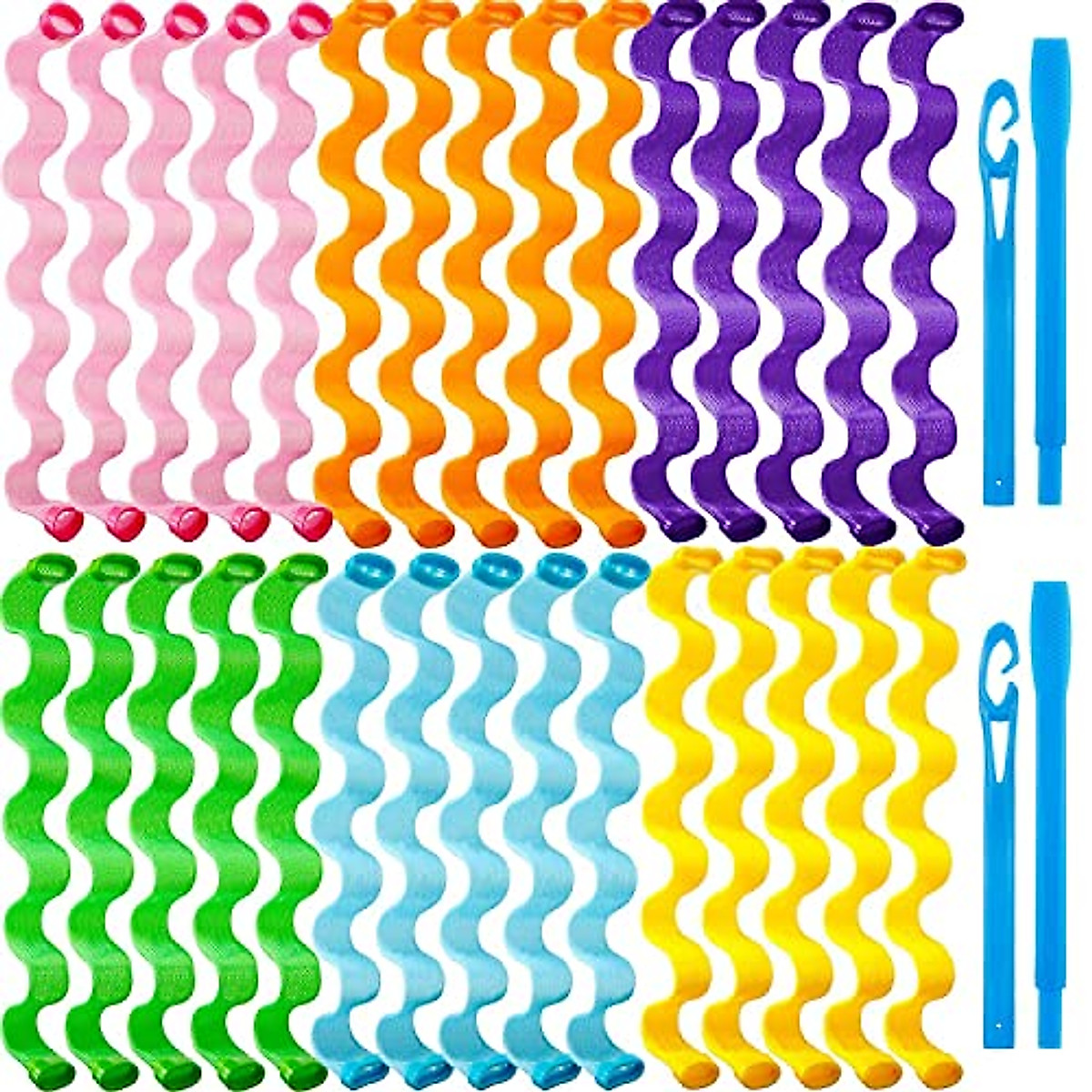 30 Pieces Hair Wave Curlers Spiral Curls Styling Kit No Heat Hair Curlers Heatless Hair Rollers with 2 Pieces Styling Hooks for Most Hairstyles (30 cm, Mixed Color)