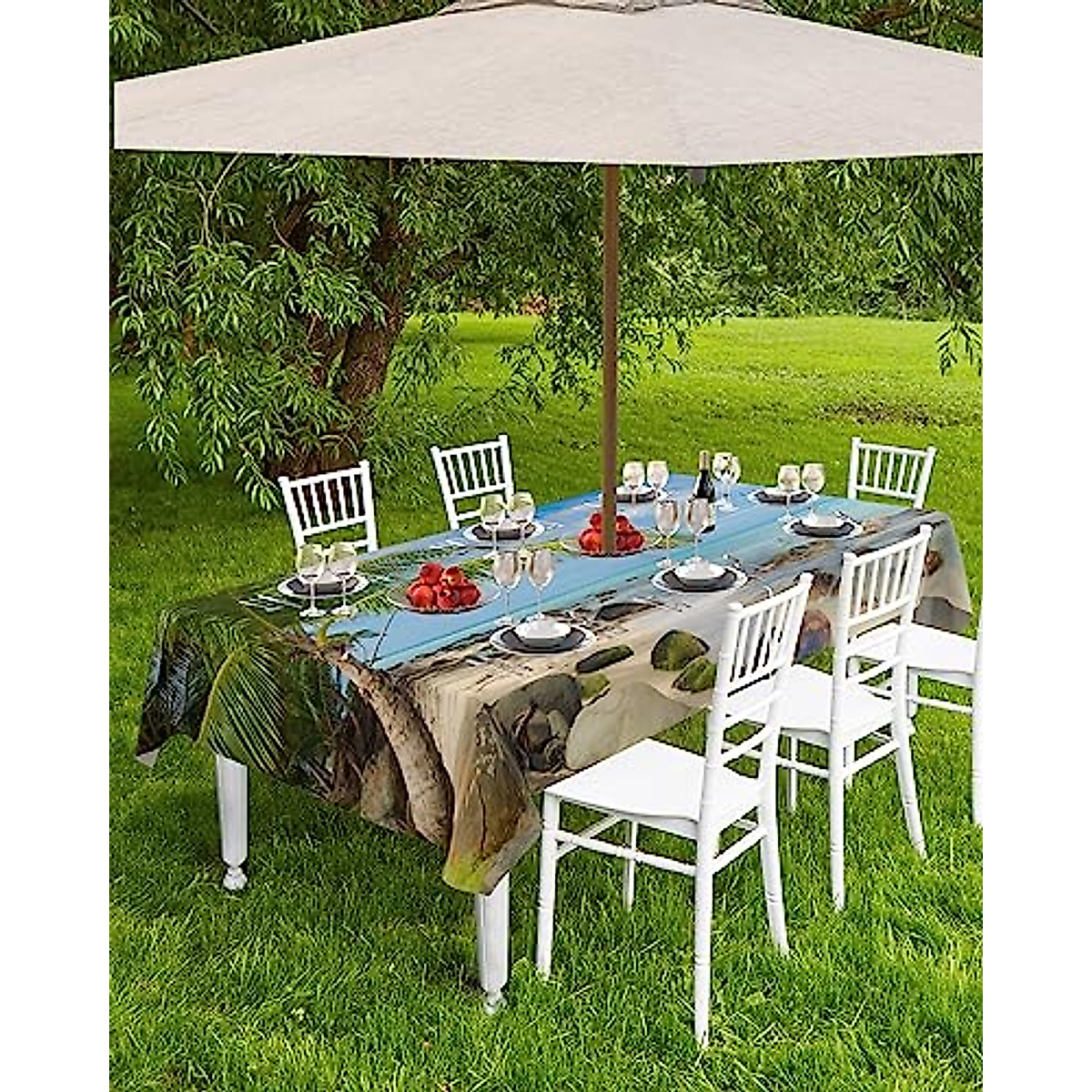 CyCoShower Outdoor Tablecloth Palm Tree Beach Sea Cloud Blue Sky Island Reef Stone Spillproof Outdoor Tablecloth with Umbrella Hole Zipper for Spring Summer Patio Table,52"x70"
