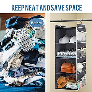 CazyHome 4-Shelf Hanging Closet Organizers and Storage, 12 Pockets on Both Sides, 2 Pack, Non-Woven Closet Storage Shelves, Gray