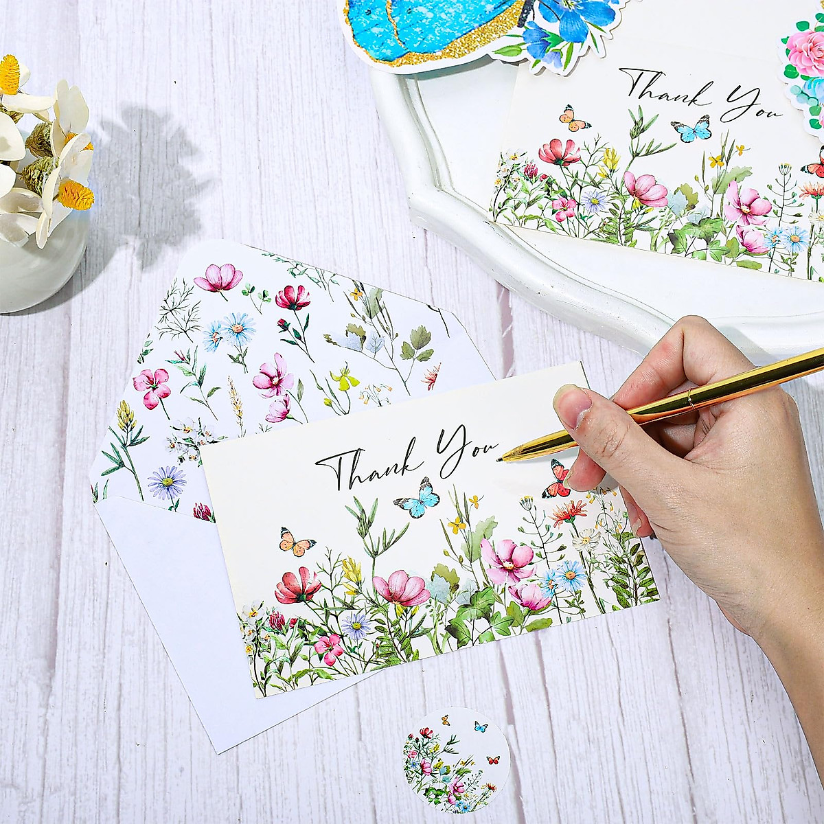 Whaline 20 Pack Wildflower Thank You Cards Bulk Flower Butterfly Greeting Cards with Envelopes and Stickers Spring Floral Blank Note Cards for Birthday Wedding Baby Shower Bridal Shower, 4 x 6 Inch