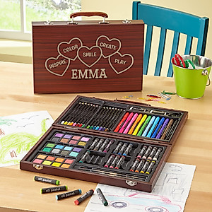 Let's Make Memories Personalized 80-Piece Deluxe Art Set - for Kids - Wood Carrying Case - Oil Crayons, Colored Pencils, Watercolors - Arts & Crafts - Add Their Name - Creative Hearts